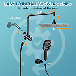 Esnbia Rain Shower Heads with Handheld Spray Combo, 10 Inch High Pressure Rainfall Shower Head with 11" Extension Arm, 3 Setting Handheld Shower Head with Suction Cup Shower Holder, Matte Black