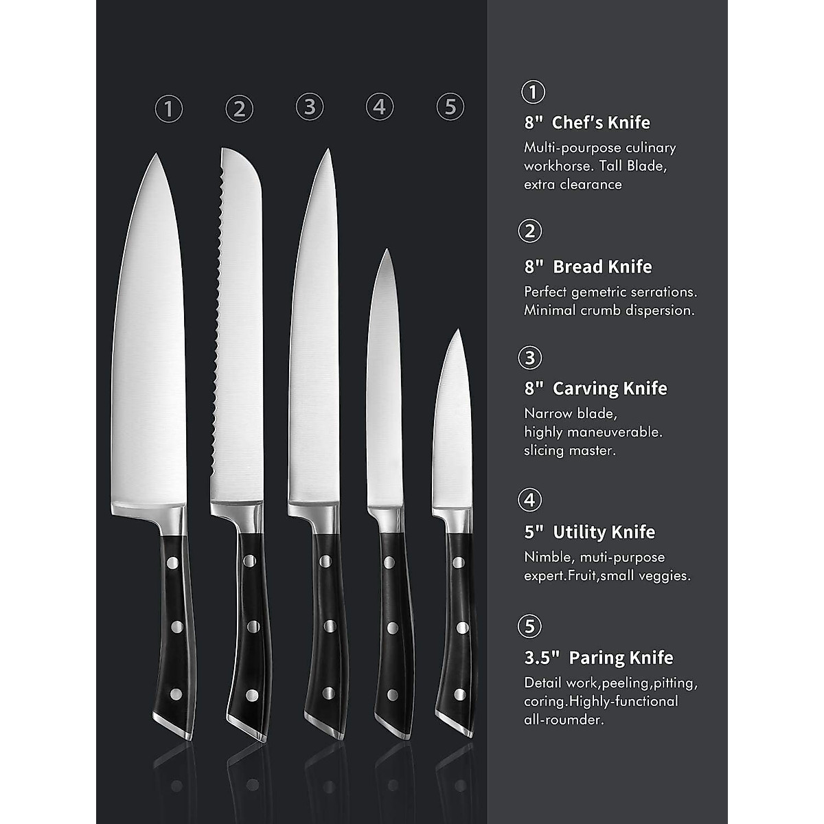 ZZWW Kitchen Knife Set, Professional 6 Piece Knife Set with Wooden Block Germany High Carbon Stainless Brown