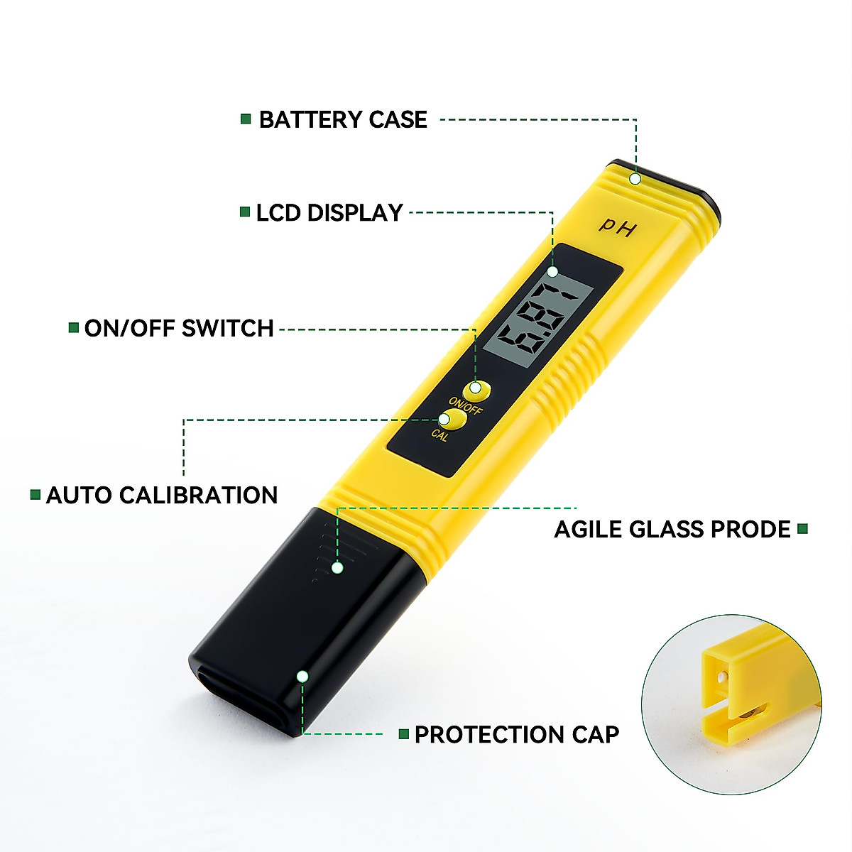 HEYAXA Digital PH Meter for Water, 0.01 PH High Accuracy Pen Type PH Tester for Household Drinking Water, Aquariums, Swimming Pools, PH Range 0-14（Yellow)