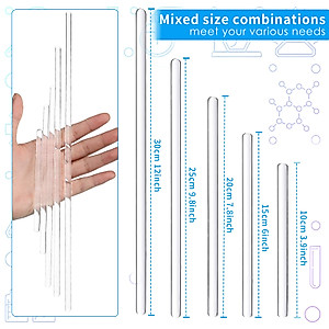 15 Pieces Glass Stirring Stick Smooth Stir Rod with Both Ends Round, 12/10/ 8/6/ 4/ Inch Glass Mixing Tools for Science, Lab, Kitchen, Experiment and Stir Hot Cold Beverages Cocktails Drinks