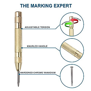 DLJZGC 2 Pack Automatic Center Punch, 5 inch Heavy Duty Steel Spring Loaded Center Punch with Adjustable Impact, Center Hole Punch Tool for Metal Wood Glass Plastic, Two Replacement Tips Included