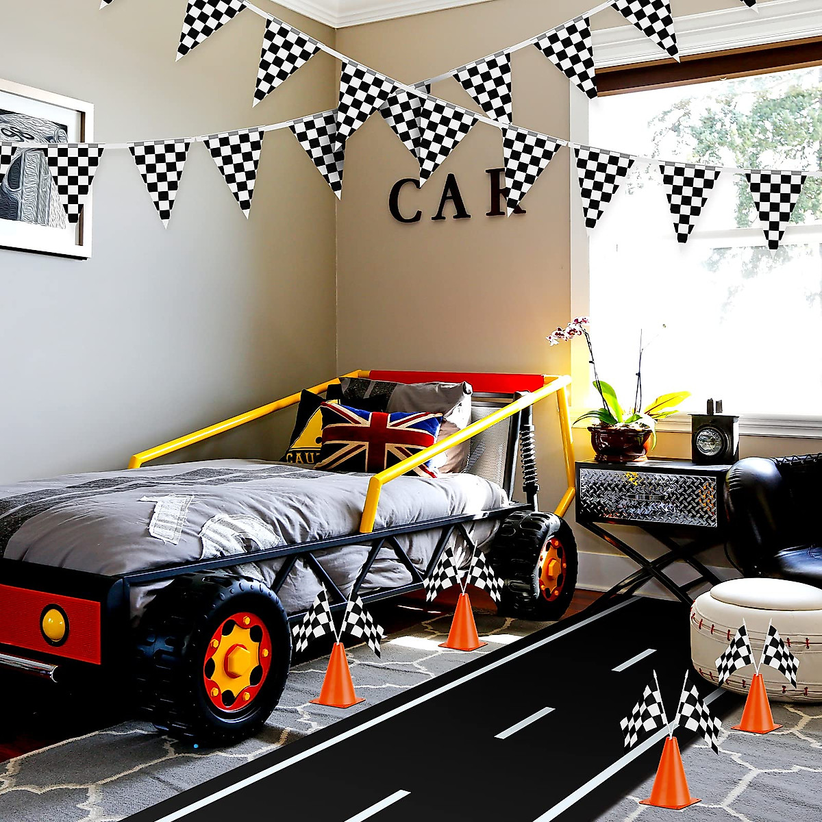 Remagr 22 Pcs Race Car Birthday Party Supplies Include Racetrack Floor Running Mat Checkered Racing Pennant Banner Black and White Flags on Sticks, Mini Orange Sports Safety Cones for Racing Party
