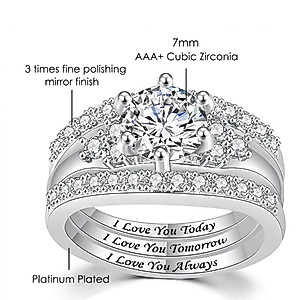 Jude Jewelers Platinum Plated Three-in-One Wedding Engagement Statement Proposal Valentines Halo Bridal Ring Set (Silver, 7)