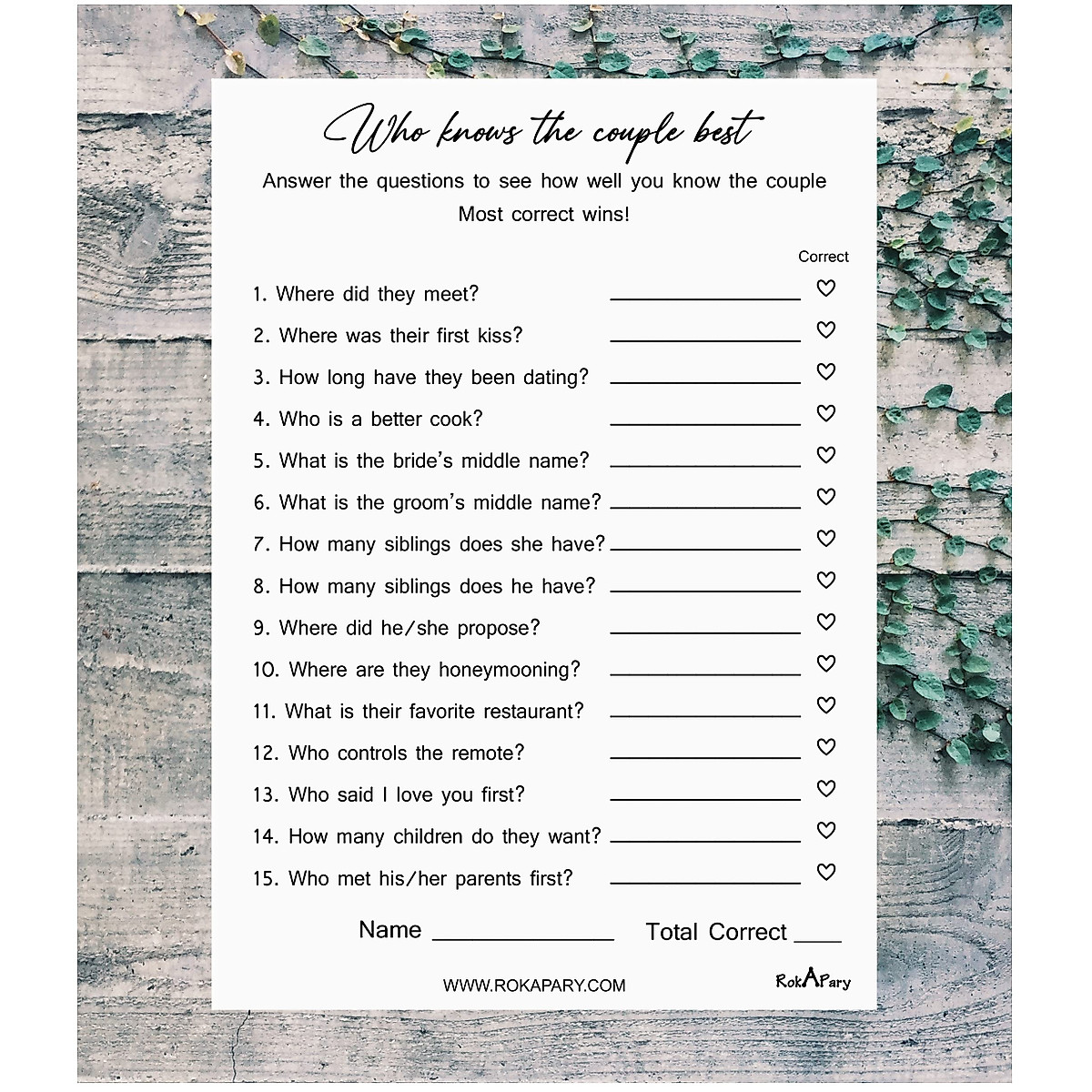 RokAPary Modern Minimalist Who Knows The Couple Best, Wedding, Bridal Shower, Bachelorette or Engagement Party Game, Couples Guessing Play Pack of 50 Cards 5”x7” Made in USA