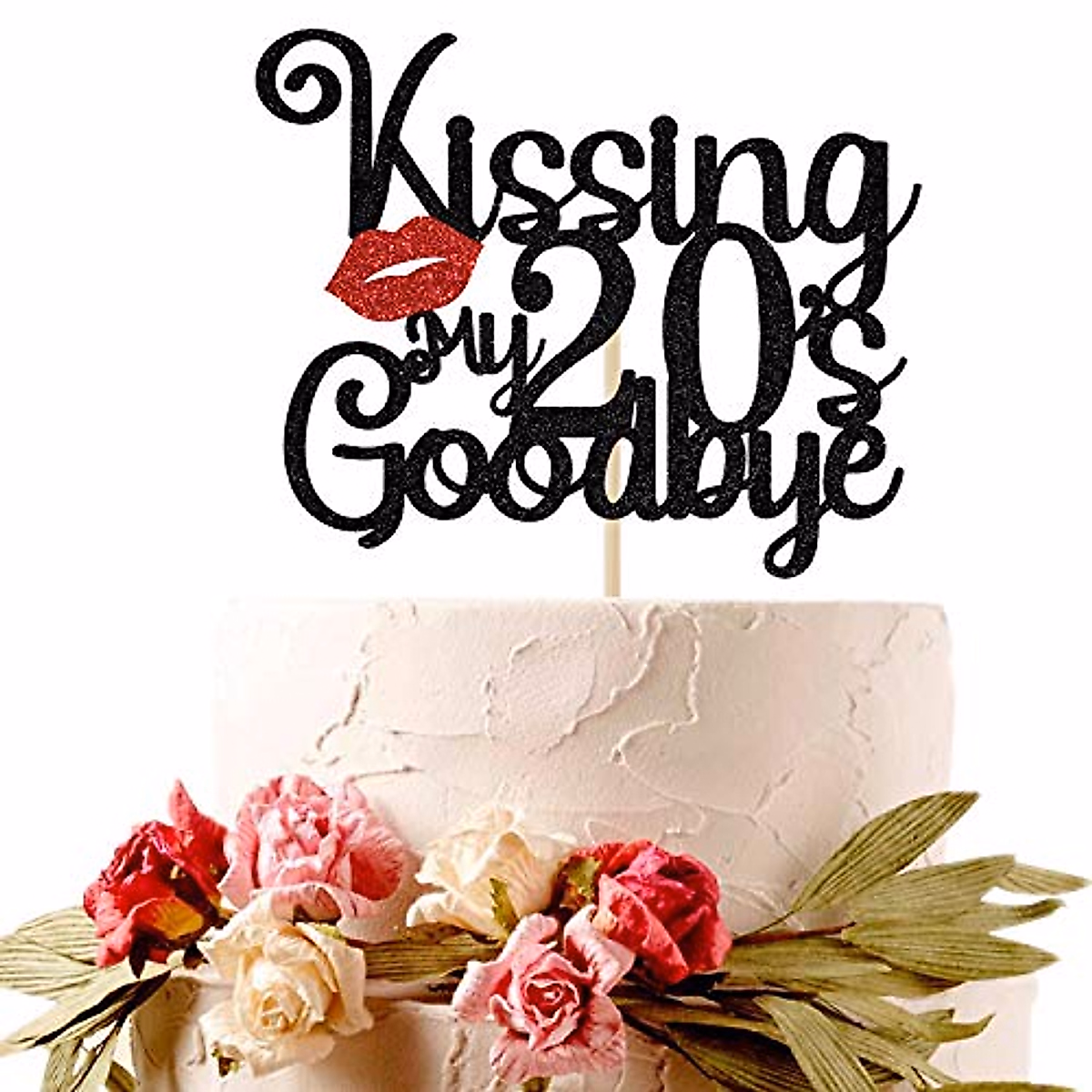 Glitter Kissing My 20's Goodbye Cake Topper, Rip Twenties Cake Decor, Happy 30th Birthday Party Decoration Supplies(Black and Red)