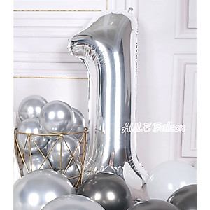 AULE 40 Inch Big Silver 1 Balloon Number Large Foil Helium Number Balloons 0-9 Jumbo Giant Happy 1st Birthday Party Decorations for Boy or Girl Huge Mylar Anniversary Party Supplies
