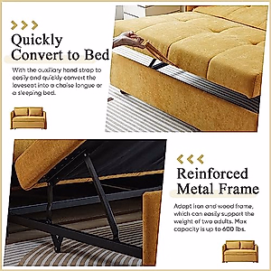 Antetek 3 in 1 Convertible Sleeper Sofa Bed, Modern Chenille Loveseat Futon Sofa Couch w/Pullout Bed, Reclining Backrest, Adjustable Arm, Pillows, Small Love Seat Lounge Sofa for Living Room, Yellow