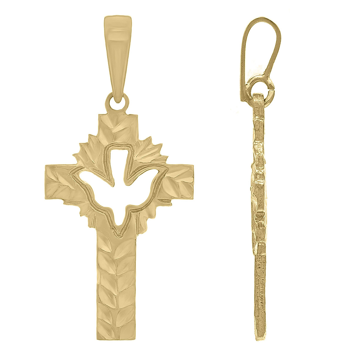 14k Yellow Gold Descending Dove and Olive Leaves Glory Cross Charm Pendant