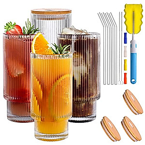 BOICHU Ribbed Glassware Set of 4, Ribbed Glass Cups with Lids and Straws - Vintage Ribbed Drinking Glasses with Bamboo Lids, 11 OZ Cute Fluted Glassware for Iced Coffee,Cocktail,Beer,Smoothie,etc