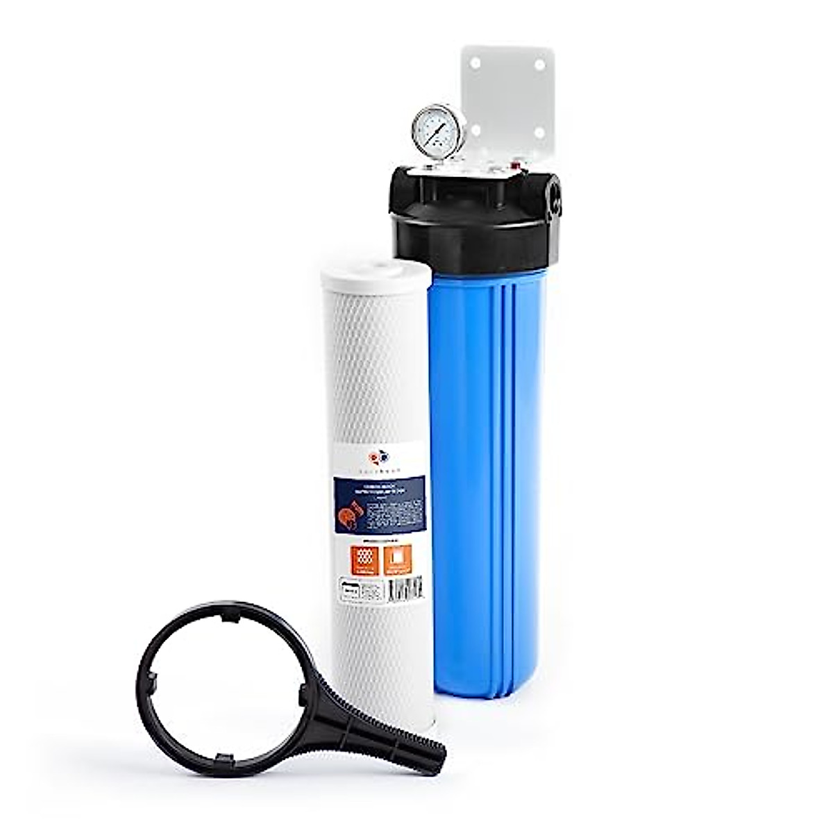 Whole House Water Filter System Housing 20" x 4.5" for Well Water - w/Wrench, Bracket & Pressure Gauge & Release Button(1" Port) and Carbon Block Water Filter - Compatible With Pentek 150234, BBFS-22