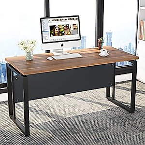 LITTLE TREE 55 inches Computer Desk, Home Office Desk Writing Table for Workstation with Clean Design,Dark Walnut + Steel Leg
