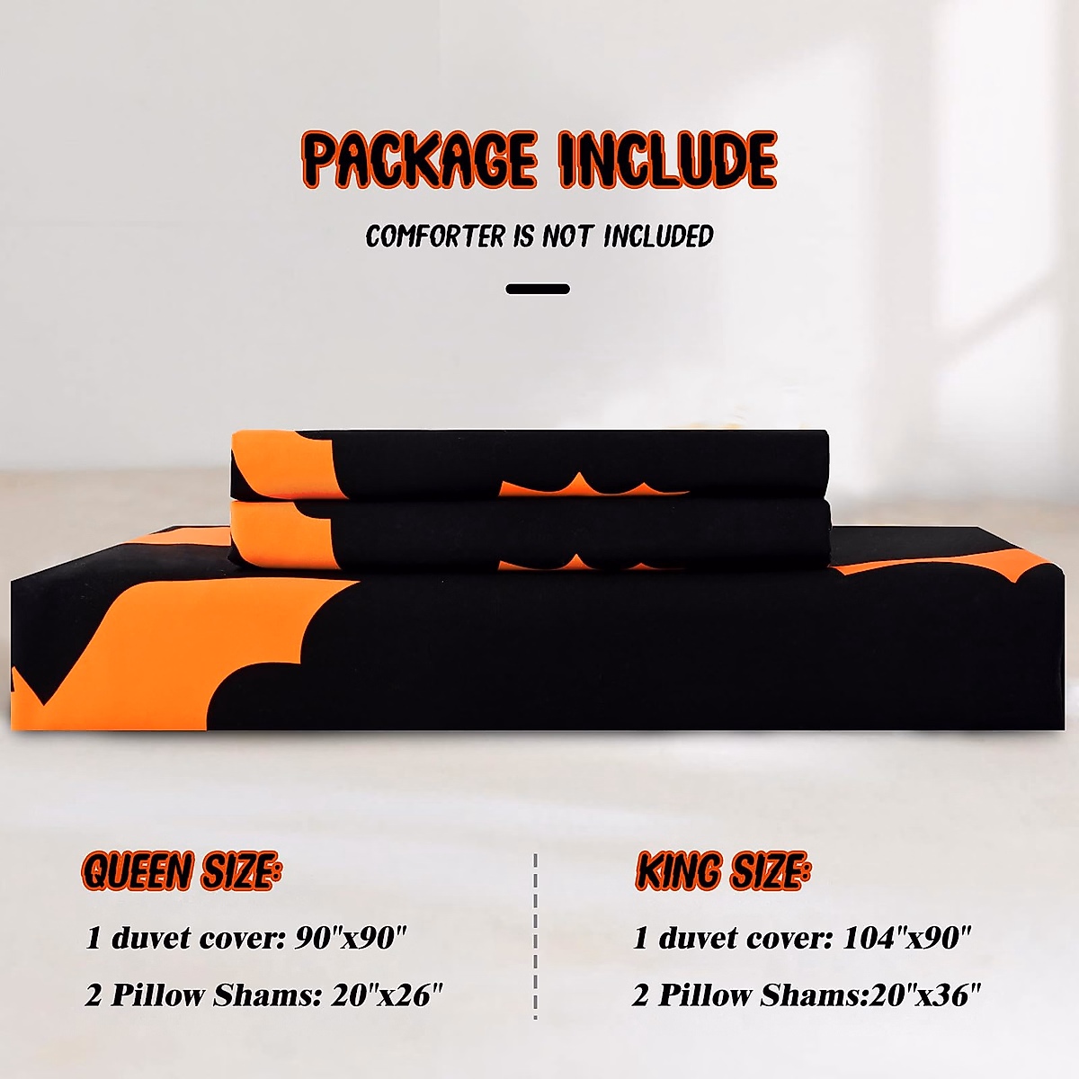 ASPMIZ 3 Piece Halloween Duvet Cover Queen Size Set, Black Bats Duvet Cover Set with Zipper Closure, Orange Flying Bat Comforter Cover Set 1 Duvet Cover 90 x 90 inches & 2 Pillow Shams