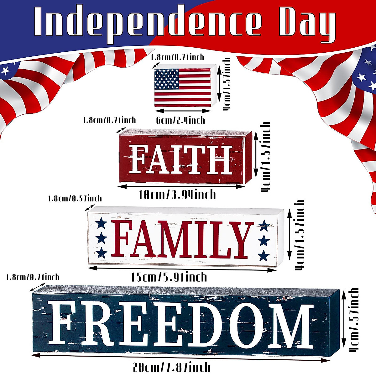 Chunful 4 Pieces 4th of July Wooden Block Patriotic American Wood Sign Independence Day Tiered Tray Decorations Patriotic Wood Decor for Home Table Decoration, 4 Sizes