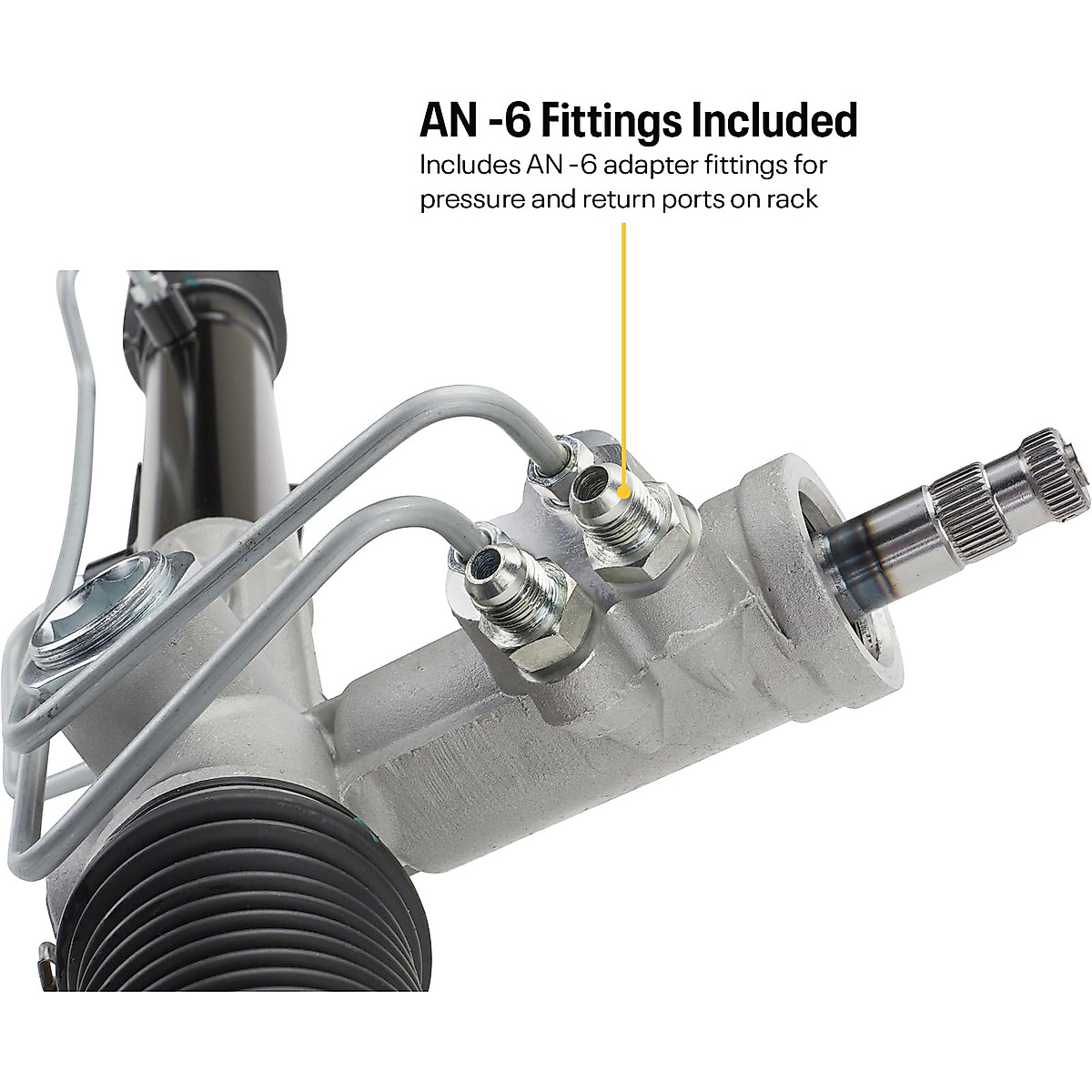 Mustang II Power Steering Rack & Pinion w/Offset Bushings, 82-88 T-bird Design, AN-6 Fittings, 3/4"-36 Spline Input, Compatible with Original & Aftermarket Crossmembers, 15:1 Ratio