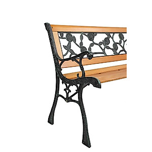 GODECOR 49" Outdoor Garden Bench, Patio Furniture Outdoor Chair with Hardwood Slats and Cast Iron Frame, Weather Proof 2-Person Outdoor Loveseat with Rose Style Back for Park, Porch, Pool, Backyard