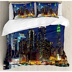 Ambesonne New York Duvet Cover Set, NYC Midtown Skyline in Evening Skyscrapers Metropolis City States Photo, Decorative 3 Piece Bedding Set with 2 Pillow Shams, Queen Size, Royal Blue