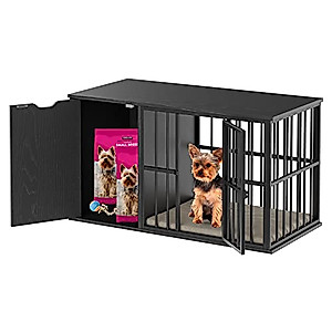 Dog Crate Furniture End Table, Wooden Dog Kennel with Cushion, Decorative Pet Crate House Cage Indoor for Small Medium Dogs, Black