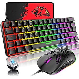 60% Mechanical Gaming Keyboard, Blue Switches, Rainbow LED Backlight Compact Wired Keyboard, TKL Wired Keyboard, Programmable Macro, RGB Mouse 6400 DPI , for PC Gamers and Office Typists (Black)