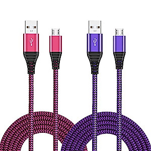 Micro USB Cable 10FT, OKRAY 2 Pack Long Nylon Braided Android USB Charger Cable Micro USB 2.0 Fast Charge & Sync Data Charging Cord Compatible Samsung Galaxy J3/J7 S6/S7 Edge Note 5 4(Purple Hot-Pink)