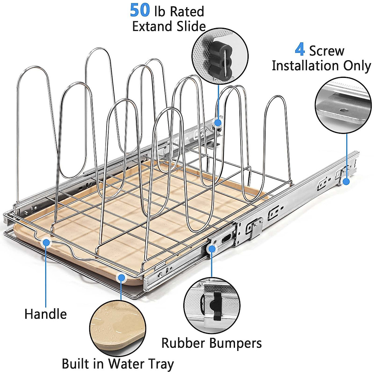 Pull Out Pot and Pan Organizer for Cabinet, Slide Out Pans and Pots Lid Holder Cutting Board Organizer (Include Water Tray)