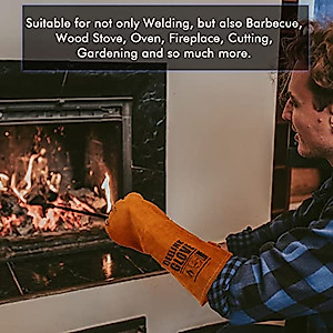 QeeLink Welding Gloves - Heat & Wear Resistant Lined Leather and Fireproof Stitching - For Welders/Fireplace/BBQ/Gardening, 16-Inch