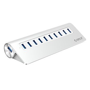 USB Hub, ORICO Super Speed USB 3.0 Triangle Aluminum Alloy Hub Splitter with DC12V Power Adaptor, 10-Port Data Hub with 3.3 Ft Extened Cable for MacBook, Mac Pro, iMac, Notebook, PC - Silver