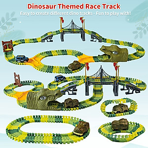 IQKidz Dinosaur World Race Track Toys - 216pcs Flexible Track Playset with 1 Dinosaur Car, 1 Race Car, 6 Dino Toys, for Kids 3 4 5 6 Year & Up Old (Boys and Girls)