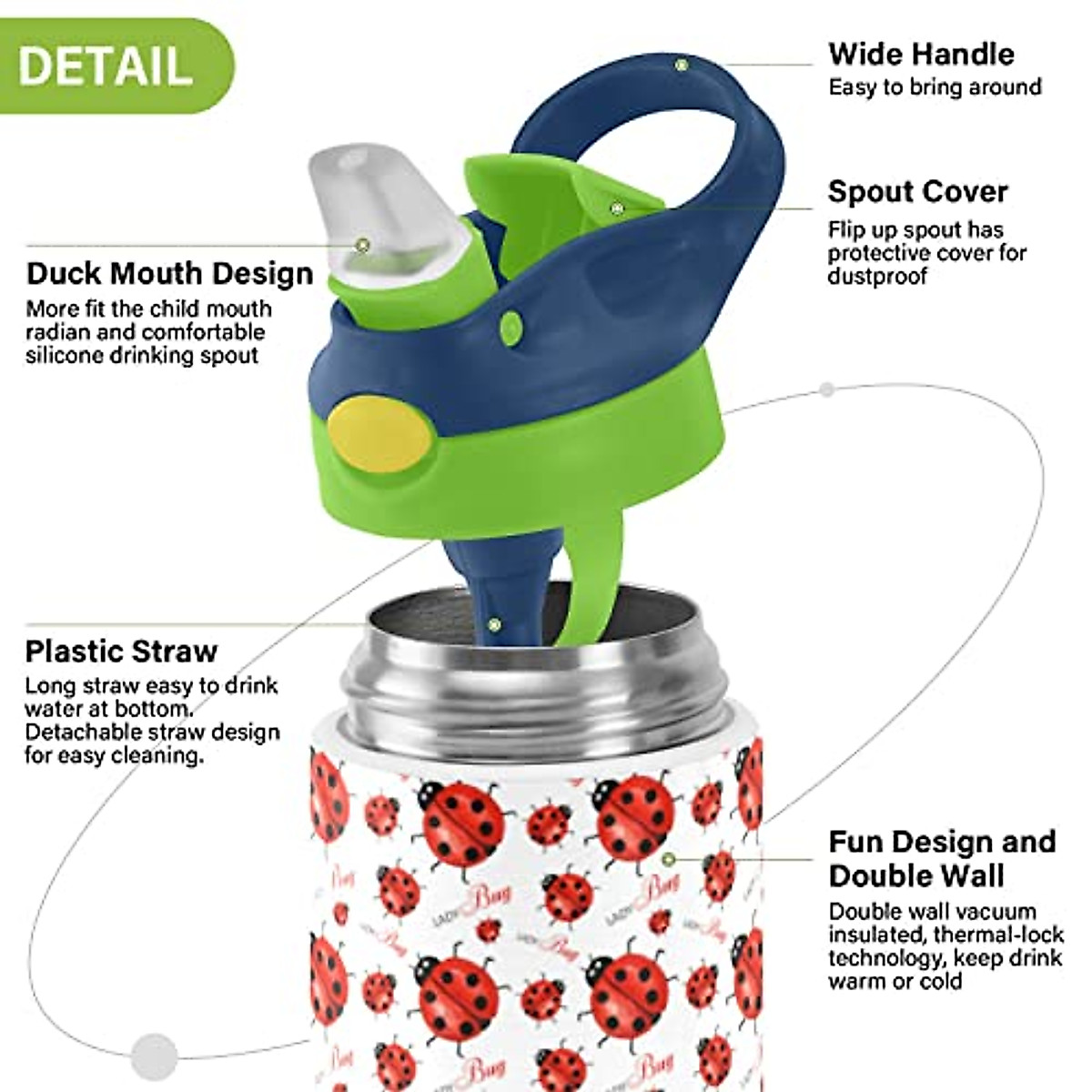 ALAZA Watercolor Funny Insects Ladybug Kids Water Bottles with Lids Straw Insulated Stainless Steel Water Bottles Double Walled Leakproof Tumbler Travel Cup for Girls Boys Toddlers 12 oz / 350 ml,Gree