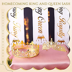 Huquary 4 Pcs Homecoming Prince and Princess Crowns with 2 Prom Court Sashes Satin Sash King Queen Costume Accessories Prom Favors for Graduation Men Women Adult Crown School Party Costume Birthday