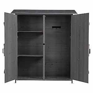 SumKea 56" Outdoor Wood Storage Cabinet, Fir Storage Shed, Outdoor Storage Shed with Metal Latch, Removable Shelves and Asphalt Roof, Suitable for Backyard, Lawn, Garden, Grey