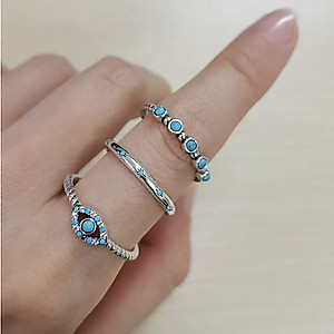 Dtja Turquoise 925 Sterling Silver Rings for Women CZ Blue Birthstone Bohemian Statement Engagement Stackable Band Ring Boho Birthday Wedding Mother's Day Jewelry (Evil Eye Size 8)