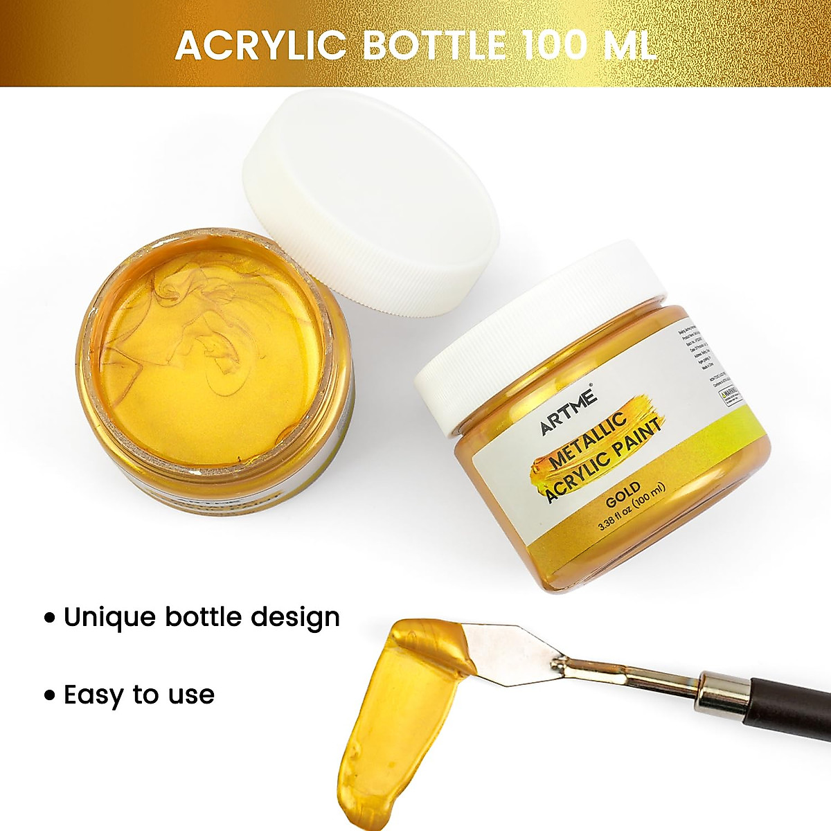 Artme Acrylic Paint Metallic Gold, 100ml Gold Leaf Paint for Art Painting, Hand-crafts, Non-Toxic, Non-Fading Gold Paint Ideal for Canvas, Wood, Fabric, Ceramic, Stone Craft Supplies
