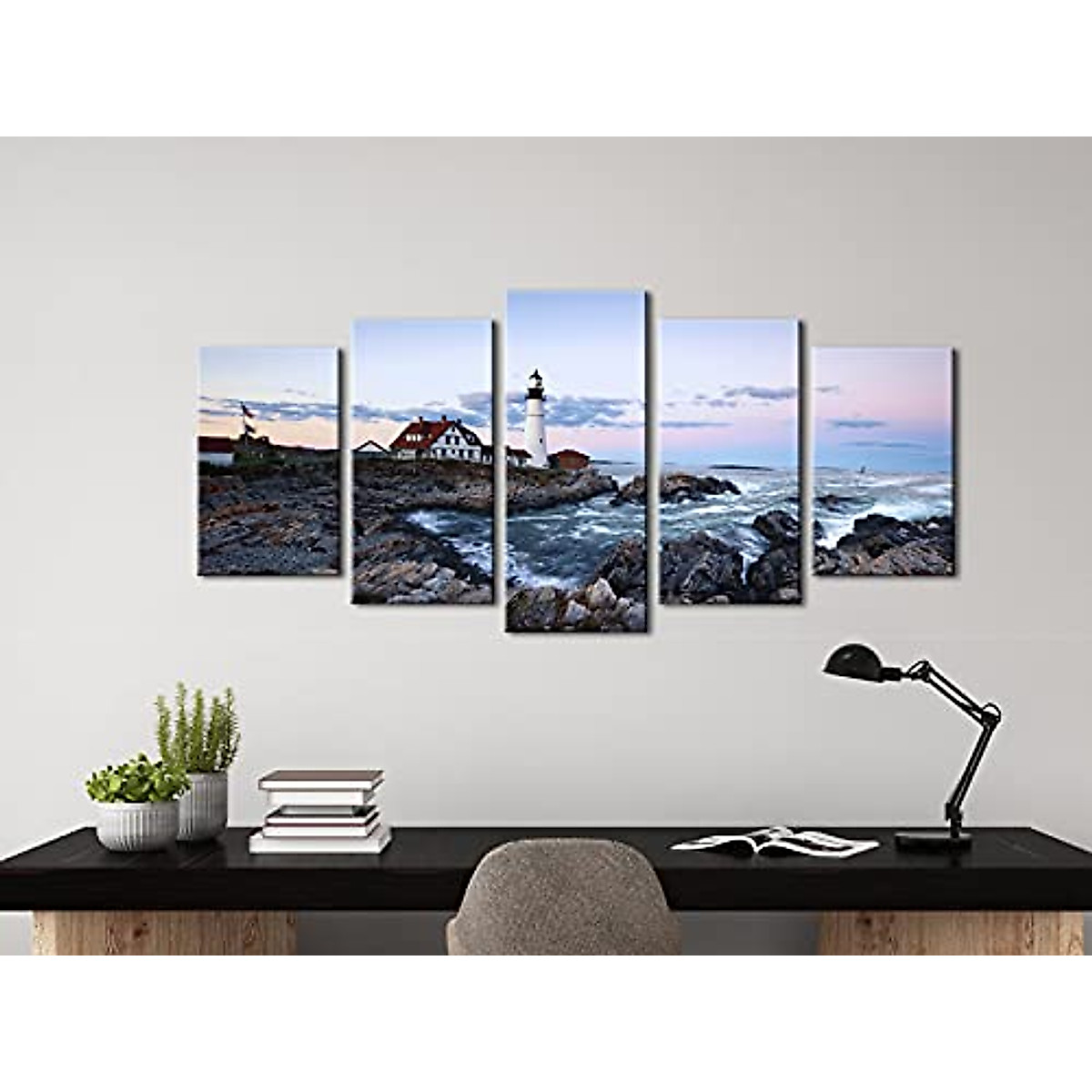 Wieco Art Portland Lighthouse 5 Panels Modern Canvas Prints Artwork Seascape Pictures to Photo Paintings on Stretched and Framed Canvas Wall Art Décor for Living Room Bedroom Home Decorations