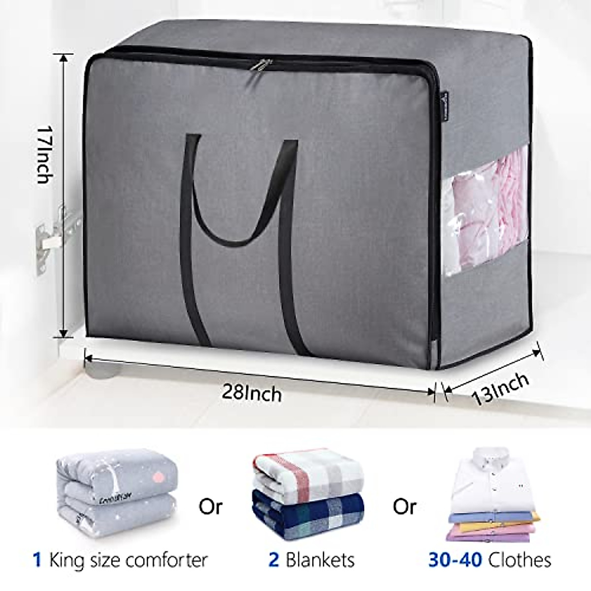 MISSLO Water Resistant Thick Over Size Storage Bag, Folding Organizer Bag, Under Bed Storage, College Carrying Bag for Bedding Comforters, Blanket, Clothes (Grey)