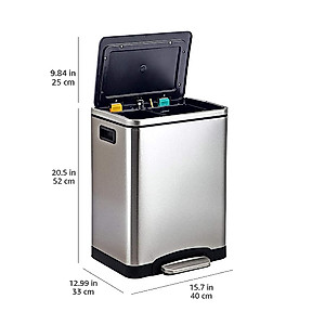 Amazon Basics 30L Dual Bin Soft-Close Trash can with Foot Pedal - 2 x 15 Liter Bins, Stainless Steel