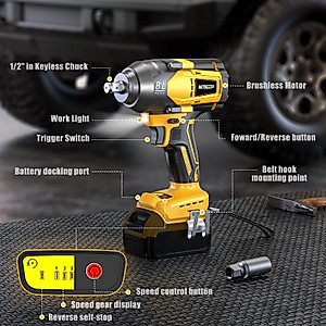 Impact Wrench for De-Walt 20V MAX Battery: 1/2 Inch Hog Ring Impact Driver High Torque - 600 Ft-lbs Cordless Impact Gun - Brushless Motor with LED Light And Blet Clip - Tool Only