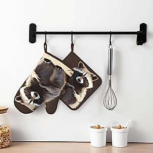 Cute Raccoon Printed Oven Mitts and Pot Holders Sets Heat Resistant Kitchen Oven Gloves Potholders Set Extra Long Non-Slip Silicone Gloves for Cooking Baking BBQ