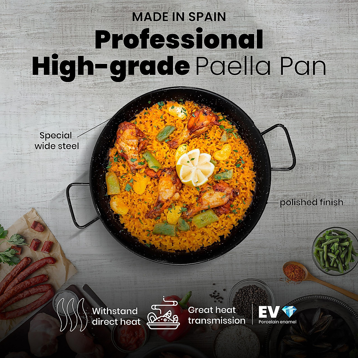 Machika Enameled Steel Nonstick Paella Pan, 17 in, Induction Compatible, 5 Servings, Ideal for Restaurants, Catering, Events