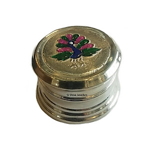 shree jewellers SJ Pure Silver Designer Peacock Meenakari Sindoor Dabbi with Lid, Pooja Items for Home, KumKum Round Box Spiritual Gift Item ~ Small Size 3.5 x 2.5 cm