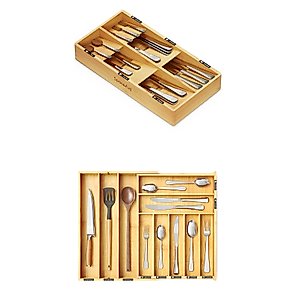 SpaceAid Bamboo Silverware Drawer Organizer with Labels (Natural, 6 Slots) and Utensil Organizer (Natural, 10 Slots)
