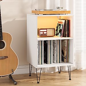 HOMMPA Record Player Stand with LED Lights White Record Storage Stand Vinyl Record Storage Cabinet with Metal Hairpin Legs Turntable Stand Table Holds Up to 150 Albums for Living Room Bedroom White