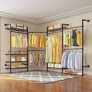 Timate L4 L Shape Garment Rack Heavy Duty Clothes Rack for Hanging Clothes, Expandable Industrial Pipe Clothing Rack, Wall Mounted Closet Organizer Large Wardrobe Closet Kit Corner Closet System Black