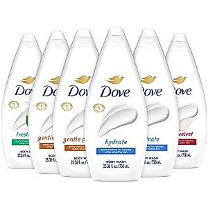 Dove Body Wash Value-Size Variety 6-Pack – Hydrate, Gentle Pamper, Fresh Care, and Silky Velvet, Family Size, 25.36 Oz Ea