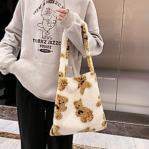 Plush Bear Bags For Women, Girls Tote Fluffy Plush Shoulder Bags Faux Fur Clutch Purses (White)