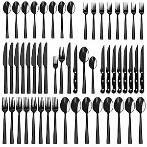 HaWare Black Silverware Set with Steak Knives, 48-Piece Stainless Steel Square Flatware Set for 8, Tableware Cutlery Set Includes Knives/Forks/Spoons, Modern & Elegant Design, Mirror Polished