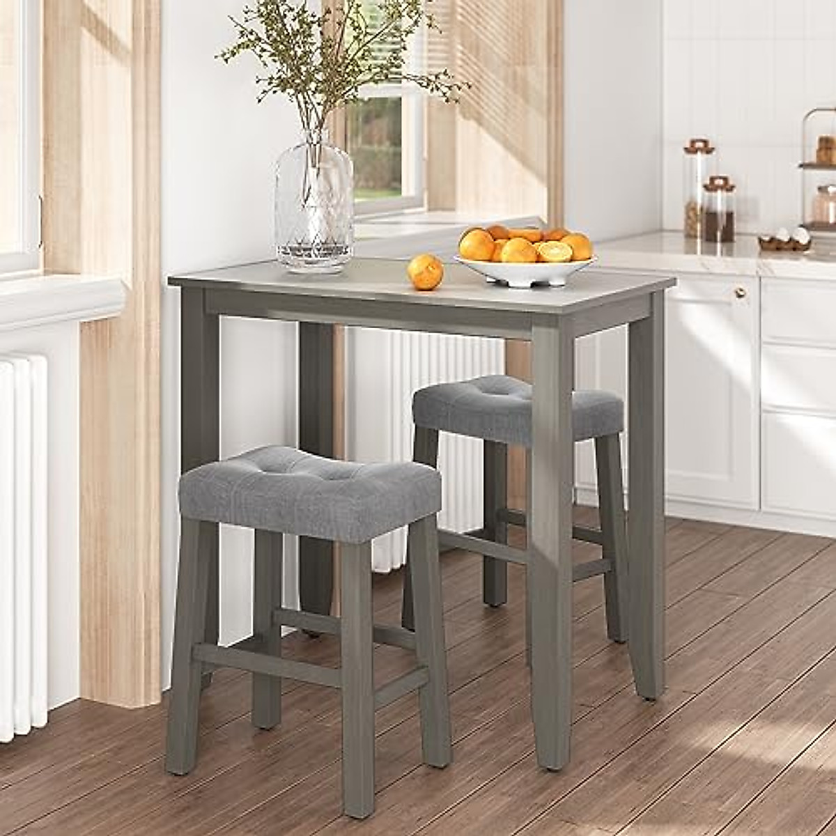 Nathaniel Home 3 Piece Table Set Counter Height Dining Furniture One Bench and Two Saddle Stools, Gray