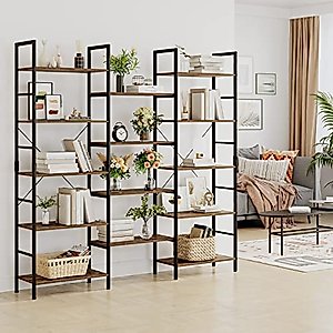 finetones Triple Wide 5-Tier Bookshelf, Large Industrial Bookcase with Metal Frame, 68.5 x 11.8 x 68.1 in, Tall Open Storage and Display Rack for Home Office, Rustic Brown