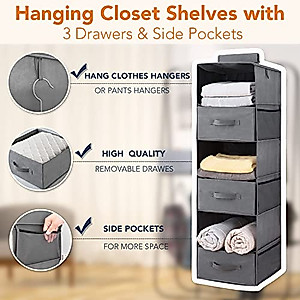 Hanging Closet Organizer 6-Shelf, Hanging Closet Shelves with 3 Drawers & Side Pockets, Closet Hanging Organizer for Wardrobe,RV,Dorm Room,Closet Organizers and Storage Hanging 13" x 11.8"x 42.5" Gray