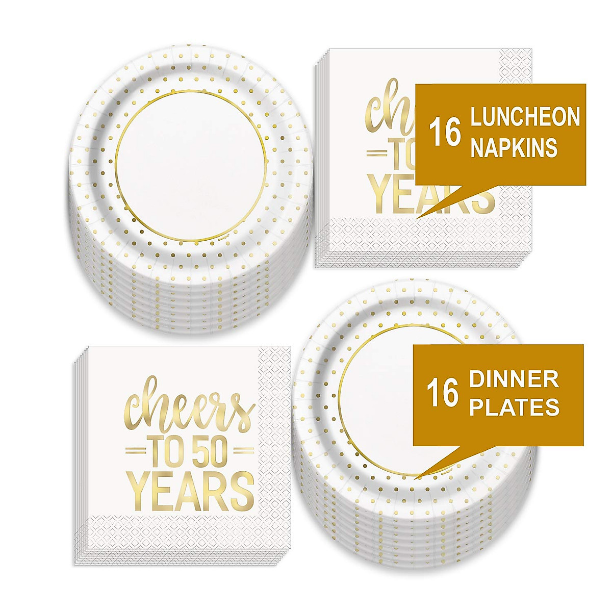 Cheers to 50 Years Birthdays and Anniversary Party Plates and Napkins - Fancy Gold Metallic Dots Paper Dinner Plates and Luncheon Napkins, (Serves 16)