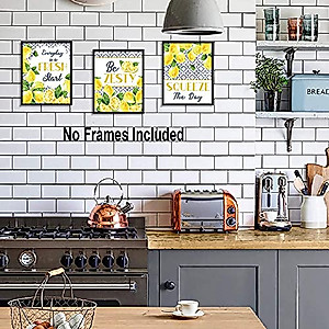HLNIUC Lemon signs Art Prints, Inspirational Blue Pattern Yellow Lemon Pictures Set Of 6(8”X10”, Unframed), Fruit Botanical Poster Green Leaf Modern Wall Art For Bed Room Living Room Kitchen Decor
